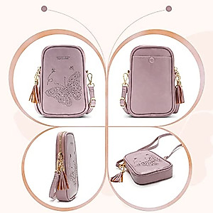 APHISON Cell Phone Purse Crossbody for Women, Butterfly Leather Phone Crossbody Bags for Women, Cute Phone Bag for Teen Girls with Tassel Adjustable Long Strap Purple