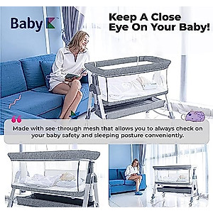BABY K Mesh Bassinet Bedside Sleeper (Grey) - 3 in 1 Convertible Bassinet with Breathable Mesh and Mattress - Bedside Bassinet for Baby Crib Attach to Bed - Baby Co Sleeper for Bedside for Infants