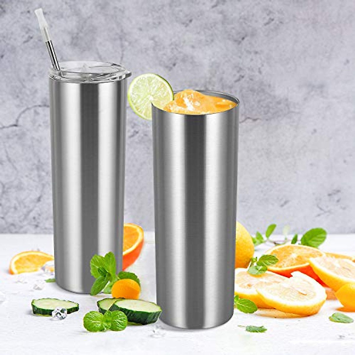 20 Oz Stainless Steel Skinny Tumbler, 6 Pack Double Wall Insulated Tumblers with Lids and Straws, Insulated Travel Water Tumbler Cup, Slim Vacuum Tumbler Travel Mug for Coffee Water Drinks, Silver