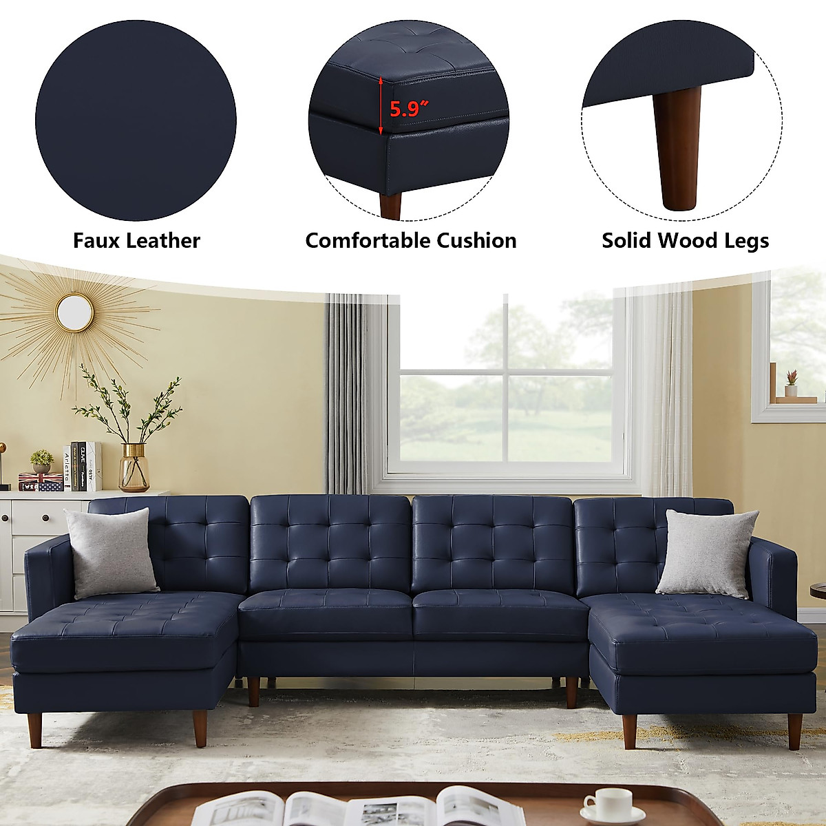 Aoowow Modular Sectional Sofa Convertible U Shaped Sectional Couch, Modern Faux Leather Upholstered Sofa Couch Comfy Sleeper Sofa Set with Reversible Chaise for Living Room(Blue)