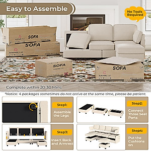 Hasuit 113'' Sectional Sofa with Storage Seats, U Shaped Convertible Sofa Couch with Large Reversible Chaise, Comfy Chenille Sofa with USB Port, Modular Sectional Sofa Couches for Living Room, Beige