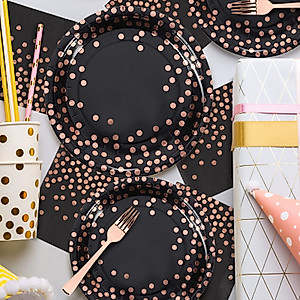 CENLBJ Black and Rose Gold Party Supplies,Disposable Party Dinnerware,Black Rose Golden Dot Paper Plates,Napkins,Forks forWeddings Birthday Graduation Decor Serve 25