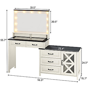 HAUOMS Farmhouse Vanity, 56.9” Western Makeup Desk with Mirror, Power Outlet, 11 Lights, Large Barn Dresser Vanity Table, Big Glass Top, 5 Drawers, Cabinet Storage, Antique White