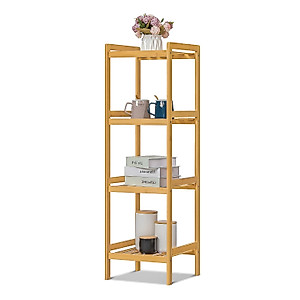Magshion 4-Tier Bamboo Narrow Shelf, 42.9" Tower Free Standing Rack Storage Organizer Unit, Multifunctional Bookshelf Plant Stand, Utility Shelf for Laundry Pantry Kitchen Narrow Places (Natural)