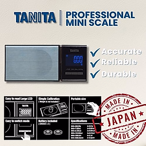 Tanita 1479J2 Mini Scale - Japan Technology Accurate Digital Pocket Scale for Jewelry - 200G Capacity - Blue Backlit Display - 6 Different Modes of Measurement: Gram, Oz, Carat, Troy Oz, Dwt, Grain