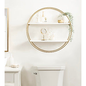 Kate and Laurel Sequoia Modern Round Wall Shelf, 24 Inch Diameter, White and Gold, Contemporary Glam 2-Tier Floating Shelf Decor for Living Room, Bedroom, or Bathroom Display