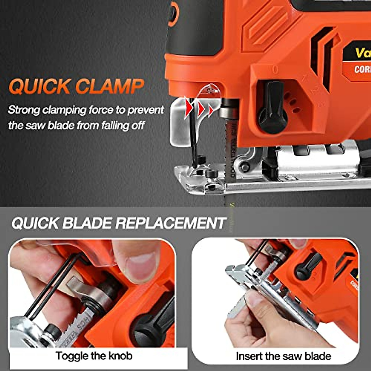 ValueMax Jig Saw, 6.5AMP Corded Electric Jigsaw with 6 Variable Speeds, 4-Position Orbital Setting, ±45° Bevel, Dust Blower and 6Pc Blades, Jigsaw Tool Kit for Wood, Metal and Plastic Cutting