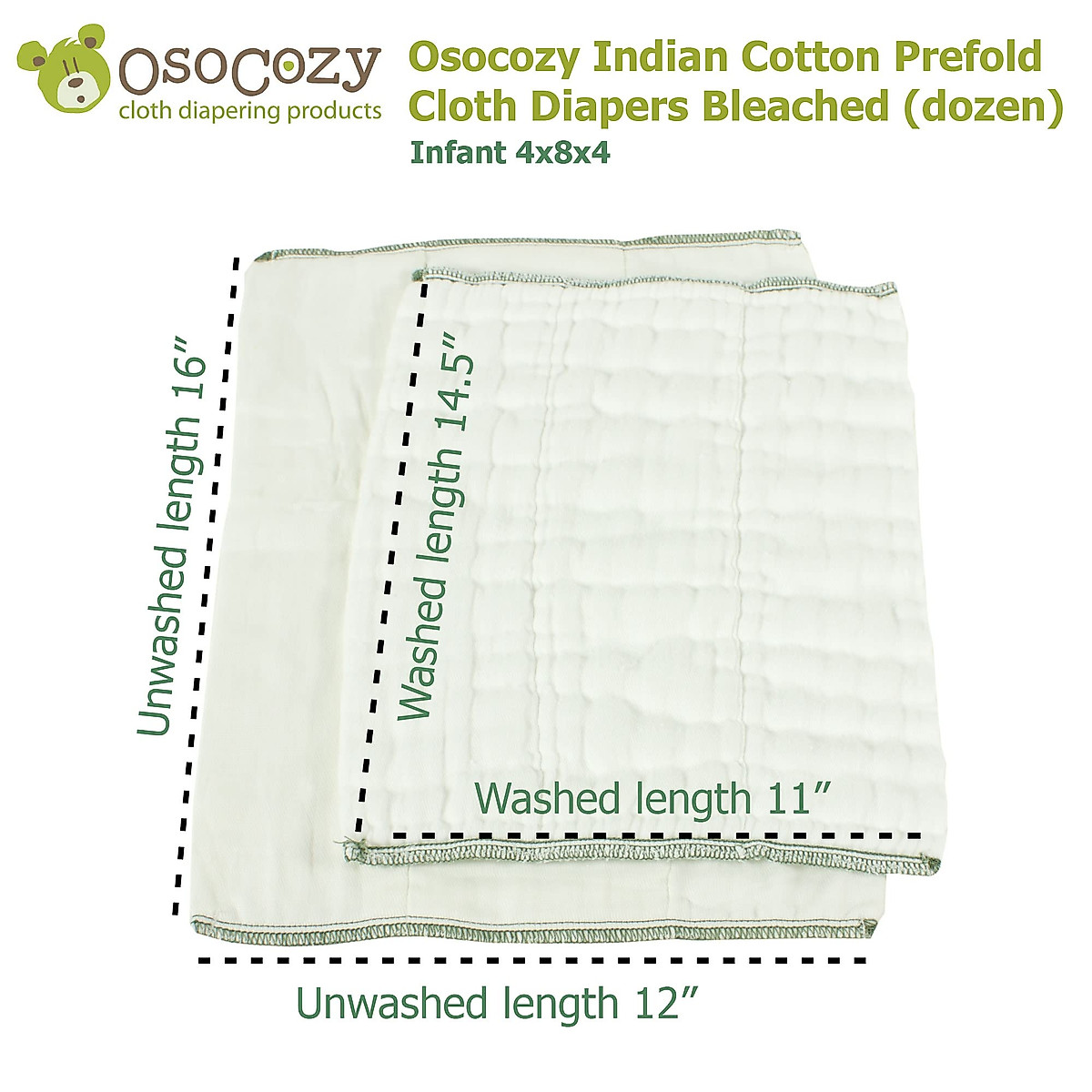 OsoCozy - Prefold Cloth Diapers (1 Dz) - Soft, Absorbent Durable Diaper Service Quality Prefolds. 100% Cotton - 12"x16", Fits 7-15 Lbs. - (Infant 4x8x4)