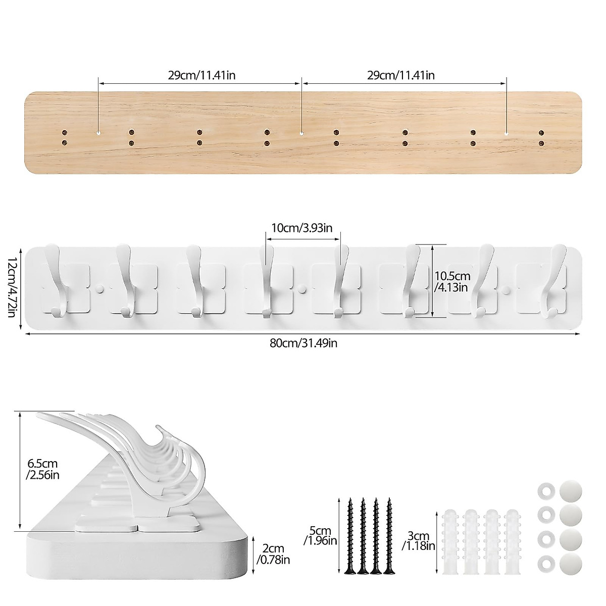 VIEBSOTG Coat Rack Wall Mounted,Wooden Wall Coat Rack with 8 Double Hooks for Hanging Clothes,Coats,Hats,Jackets,31.5inch (White, 8 Hooks)