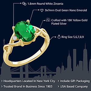 Gem Stone King 1.55 Cttw 18K Yellow Gold Plated Silver Green Simulated Emerald and White Topaz Ring For Women | Oval 9X7MM | Available in size 5, 6, 7, 8, 9