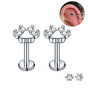Crystal Cat Dog Paw Print Cartilage Labret Helix Stud Earrings 316L Surgical Stainless Steel Cubic Zirconia Pet Puppy Animal Lip Monroe Hypoallergenic Studs Cute Body Piercing Jewelry Gifts for Women
