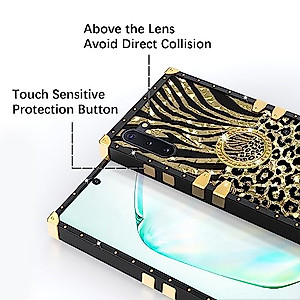 Case for Galaxy Note 10, Samsung Note 10 Phone Case with Kickstand Ring Retro Elegant Luxury Sparkle Leopard Cheetah Print Design Gold Full Protection Square Protective Phone Cover for Girls Women