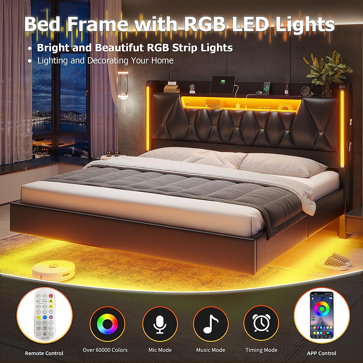 BYSAUD Floating Bed Frame with RGB Light，Hidden Storage Space in The headboard,Floating Bed with Charging Station Including 2 Standard sockets, PU Leather (King)