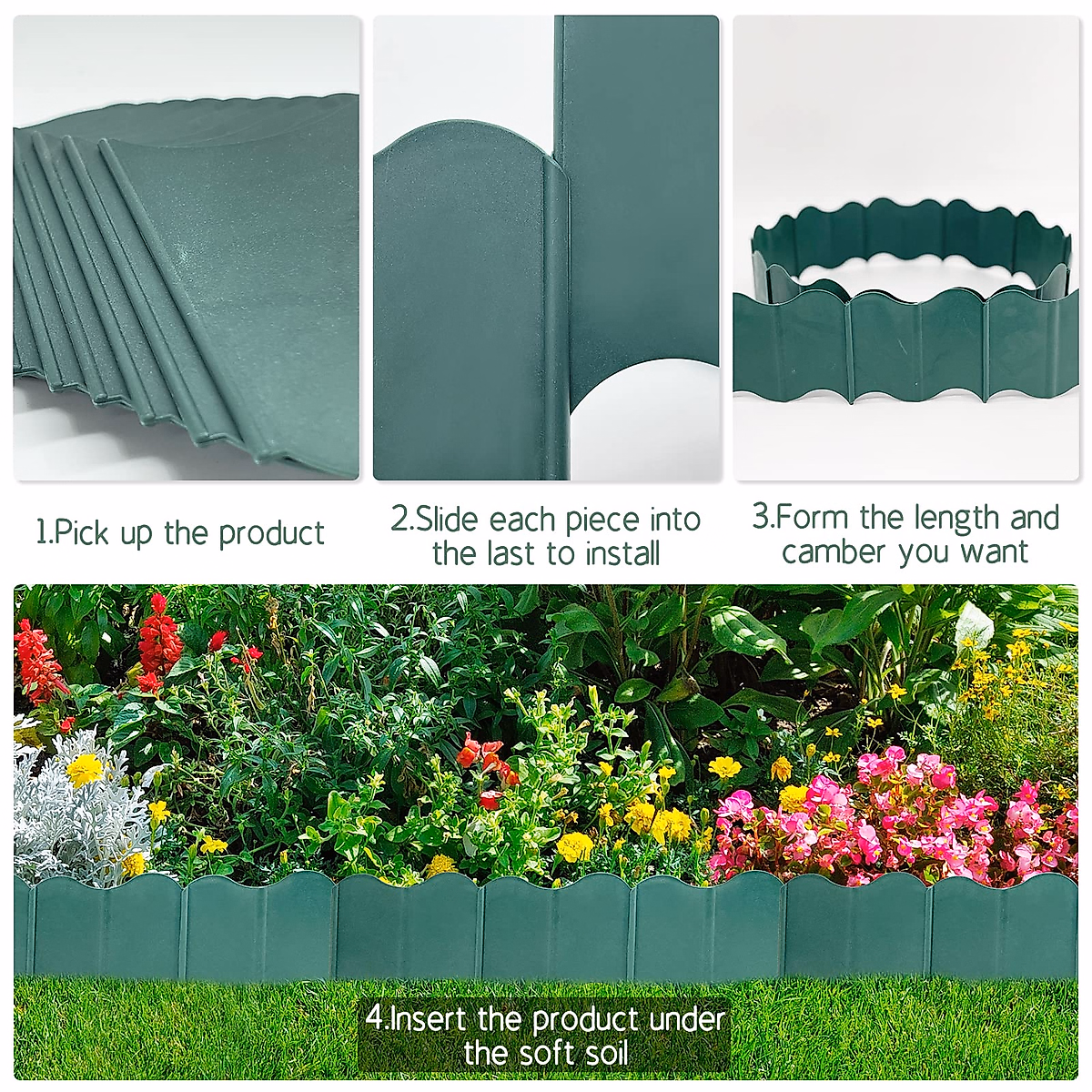 Landscape Edging, Garden Edging Border No Dig, DIY Decorative Flower Grass Bed Border, Plastic Fence for Landscape Border, for Garden/Lawn/Walkway and Landscape Edging - 20pcs (Wave-GN)