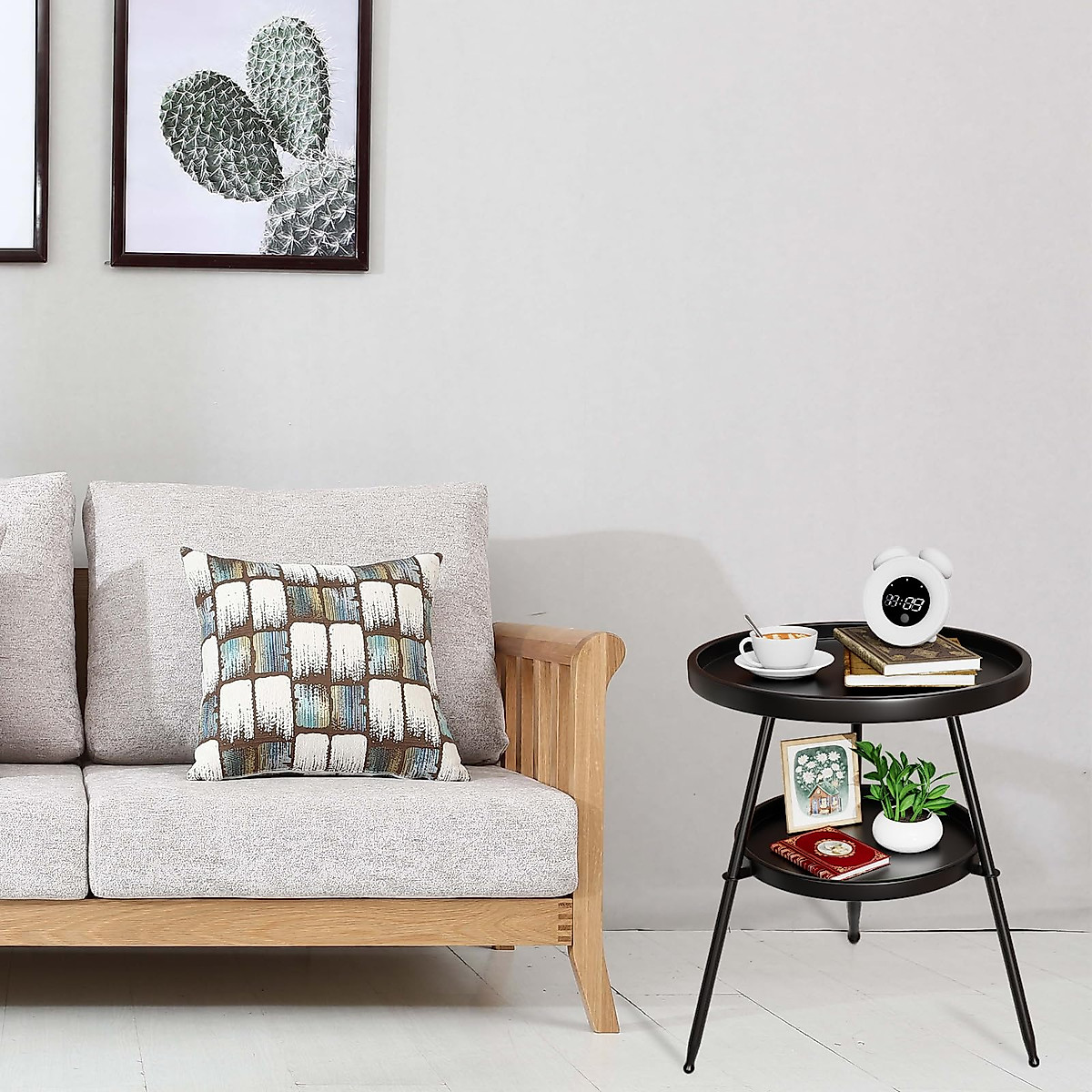 OUYPLTNY 2 Tier Round End Table，Black Small Side Table Round Metal Coffee Tables Nightstand for Small Spaces Indoor Outdoor and Living Room Bedroom or Office(2tier02)