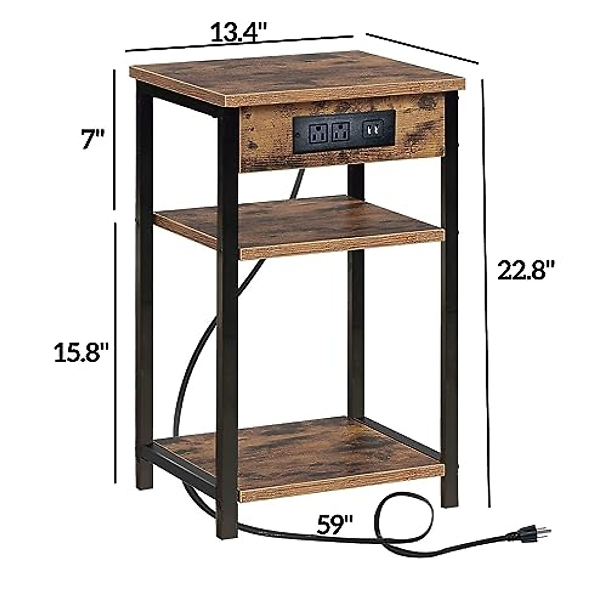 VGWHY End Table with Charging Station, 3 Tier Side Table with USB Ports and Power Outlets, Rustic Brown Night Stand for Living Room, Bedroom