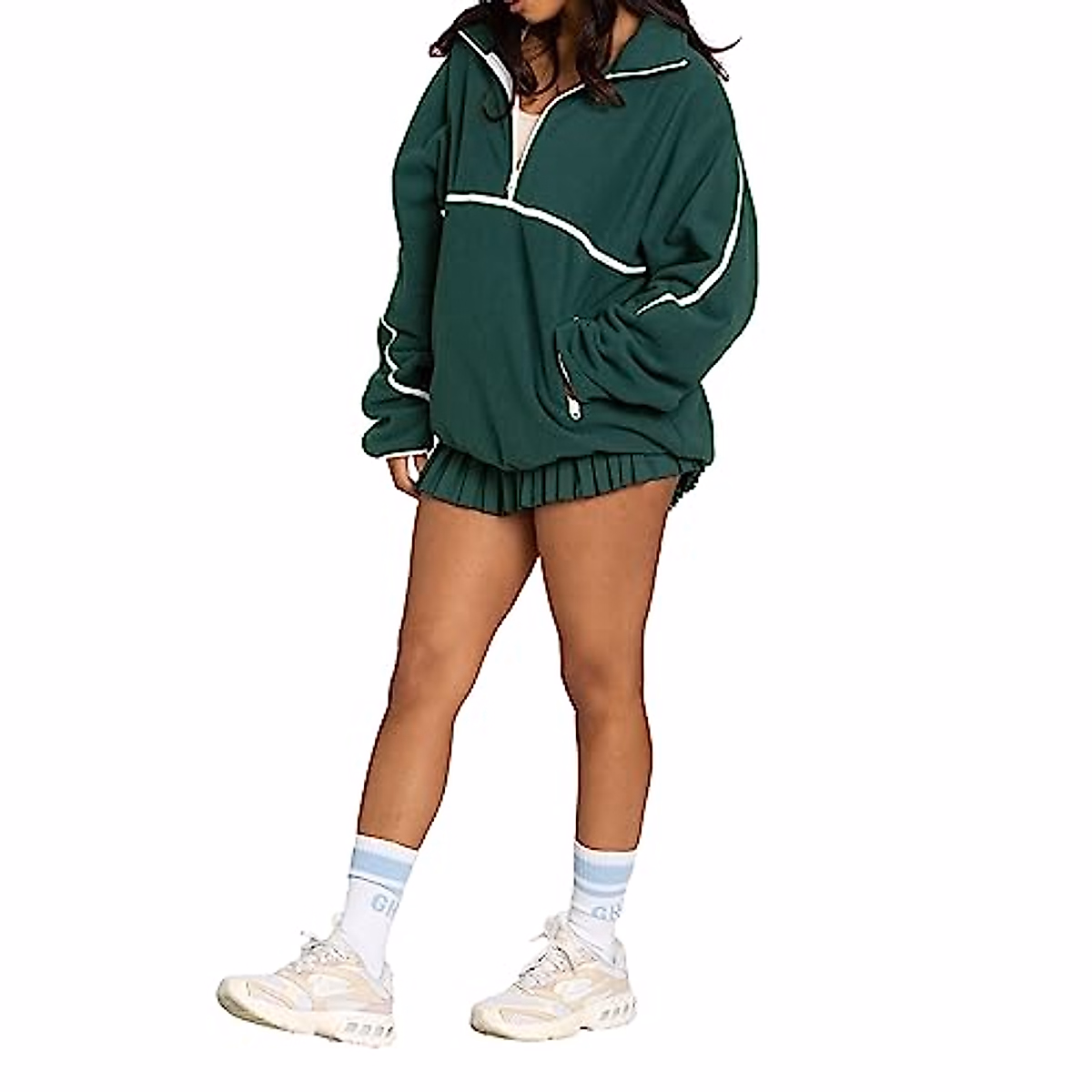VNIRA Women’s Oversized Sweatshirt Fleece Crew Neck Long Sleeve Half Zip Casual Pullover Hoodie Tops Fall Y2K Clothes Deep Green