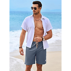 JMIERR Men Shorts Linen Cotton Casual Classic Fit Flat Front Elastic Waist Drawstring Lightweight Summer Beach Shorts for Men US 34 (Medium) Blue