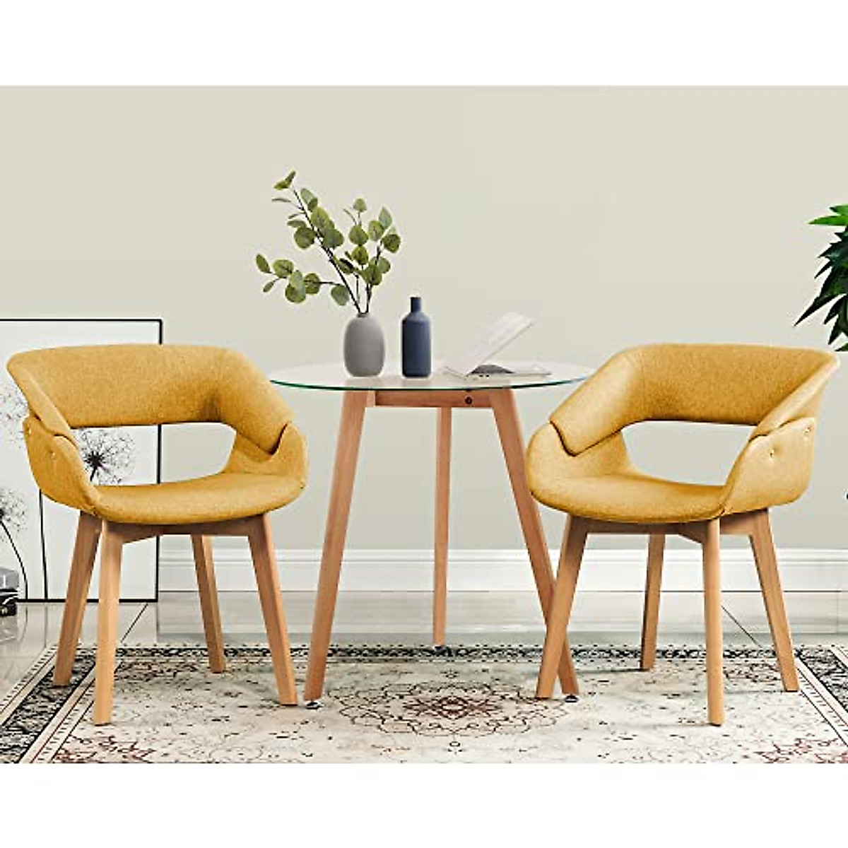ivinta Small Dining Table Set for 2, Round Glass Dining Table with Two Yellow Upholstered Fabric Chairs, 3 Pieces Dining Table Set for Apartment, Kitchen, Dining Room, Patio Dining Set (Yellow)…