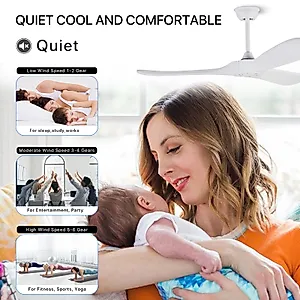 YKXONFA Solid Wood Ceiling Fans Without Light, 52 inch Real Wood Ceiling Fan with 6-Speeds 3 Wood Blades, Indoor Outdoor Ceiling Fans for Garage, Farmhouse, Living Room, Bedroom, Office