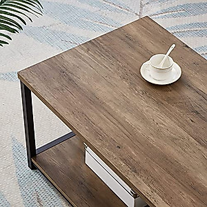 FOLUBAN Rustic Coffee Table with Storage Shelf, Vintage Wood and Metal Cocktail Table for Living Room, Oak