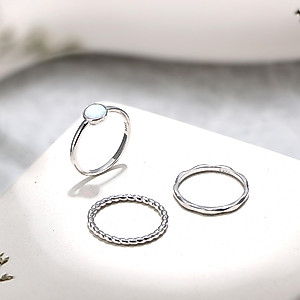 MILACOLATO S925 Sterling Silver Stackable Rings Set for Women Men 18K White Gold Plated Opal Hammered Twisted Thumb Rings High Polished Pinky Knuckle Finger Rings Wedding Band Rings Comfort Fit Size 8