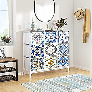 LYNCOHOME 9 Drawers Dresser for Bedroom, Closet, Clothes, Storage Tower Organizer, Chest of Drawers, White, Fabric Drawers(Sea White)