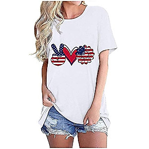wodceeke Women's Summer Tops American Flag Print Short Sleeve T-shirt Casual Loose Solid Color Independence Day Top (White,L)
