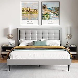 UNIZONE Queen Upholstered Bed Frame with Headboard, Tufted Platform Bed with Button Headboard, Wood Slats Support, Mattress Foundation, No Box Spring Needed, Easy Assembly, Modern, Linen, Light Gray