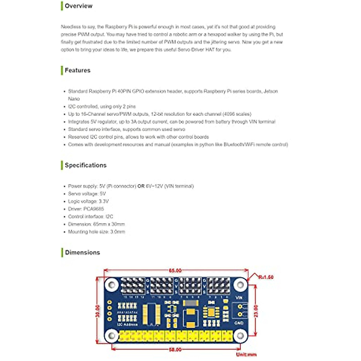 waveshare Servo Driver Hat for Raspberry Pi 3B+ 3B 2B Zero WH Zero W Zero 16 Channel PWM Outputs 12 Bit Resolution I2C Interface