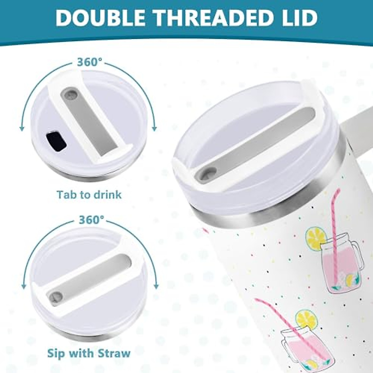 DIGTIA Stainless Steel Insulated Tumbler w/Handle & Straw, Cocktail Lemon Double Wall Vacuum Travel Coffee Mug Cup w/Lid, Leak-Proof Sports Pink Water Bottle,30oz