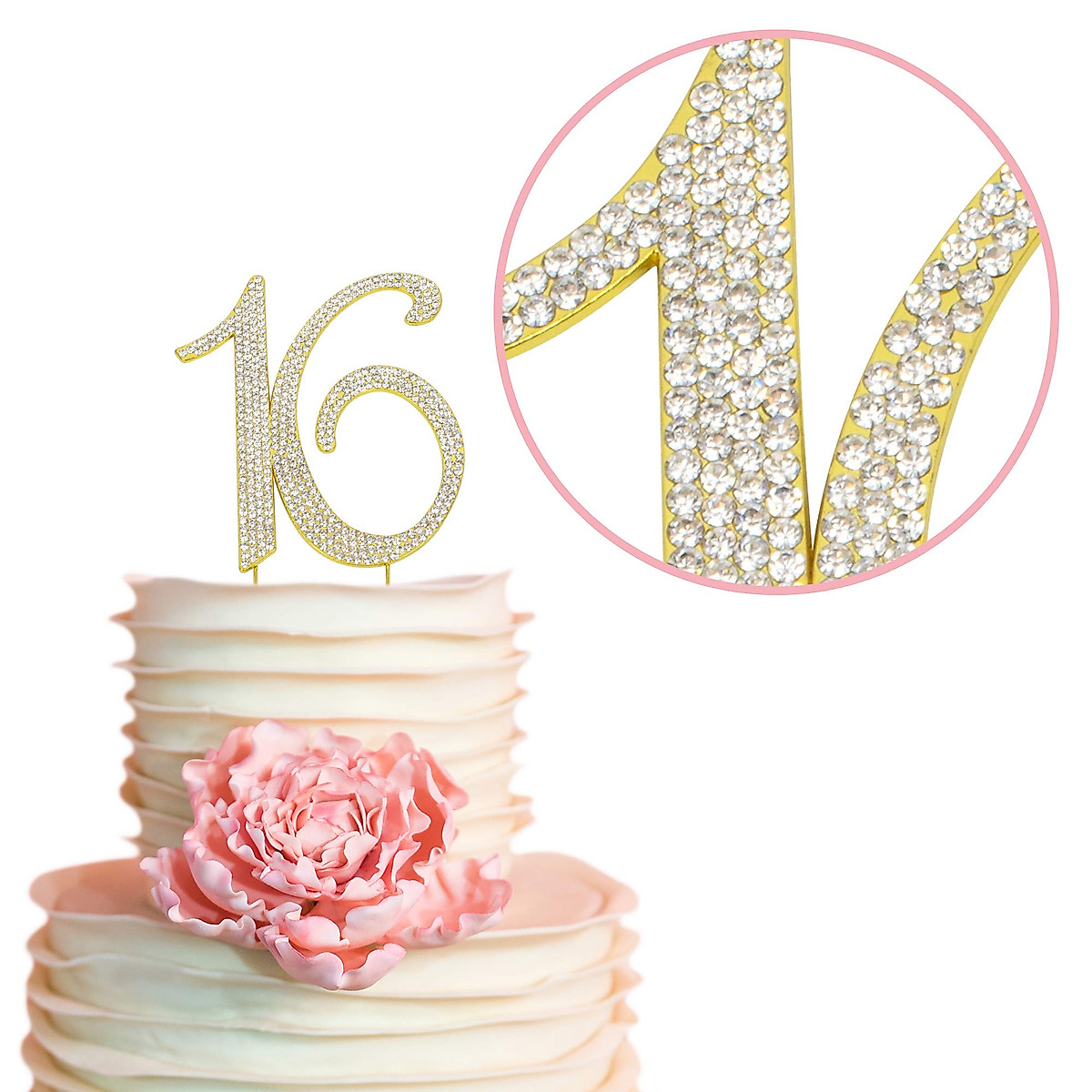 16 Cake Topper - Premium Gold Metal - Sweet 16 Birthday Party Sparkly Rhinestone Decoration Makes a Great Centerpiece - Now Protected in a Box