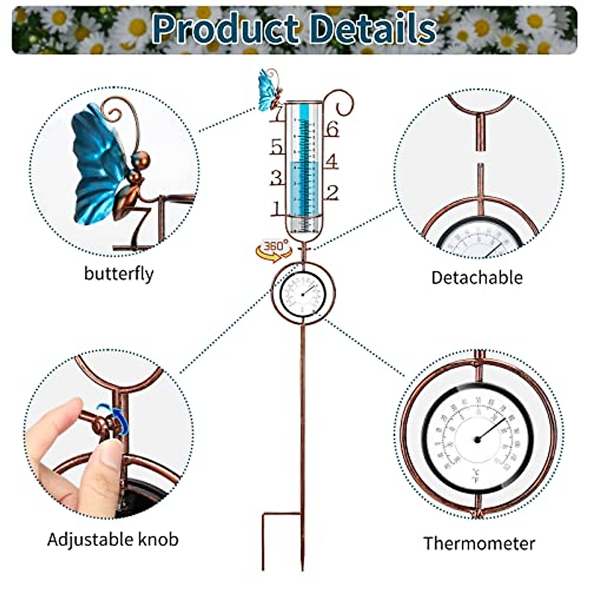 VANCORE 32 Inch Rain Gauge Outdoor with Waterproof Thermometer, 7 Inch Rain Guage Easy to Read, Detachable Rustproof Metal Frame with Replacement Glass Tube, Butterfly Decor for Yard & Garden