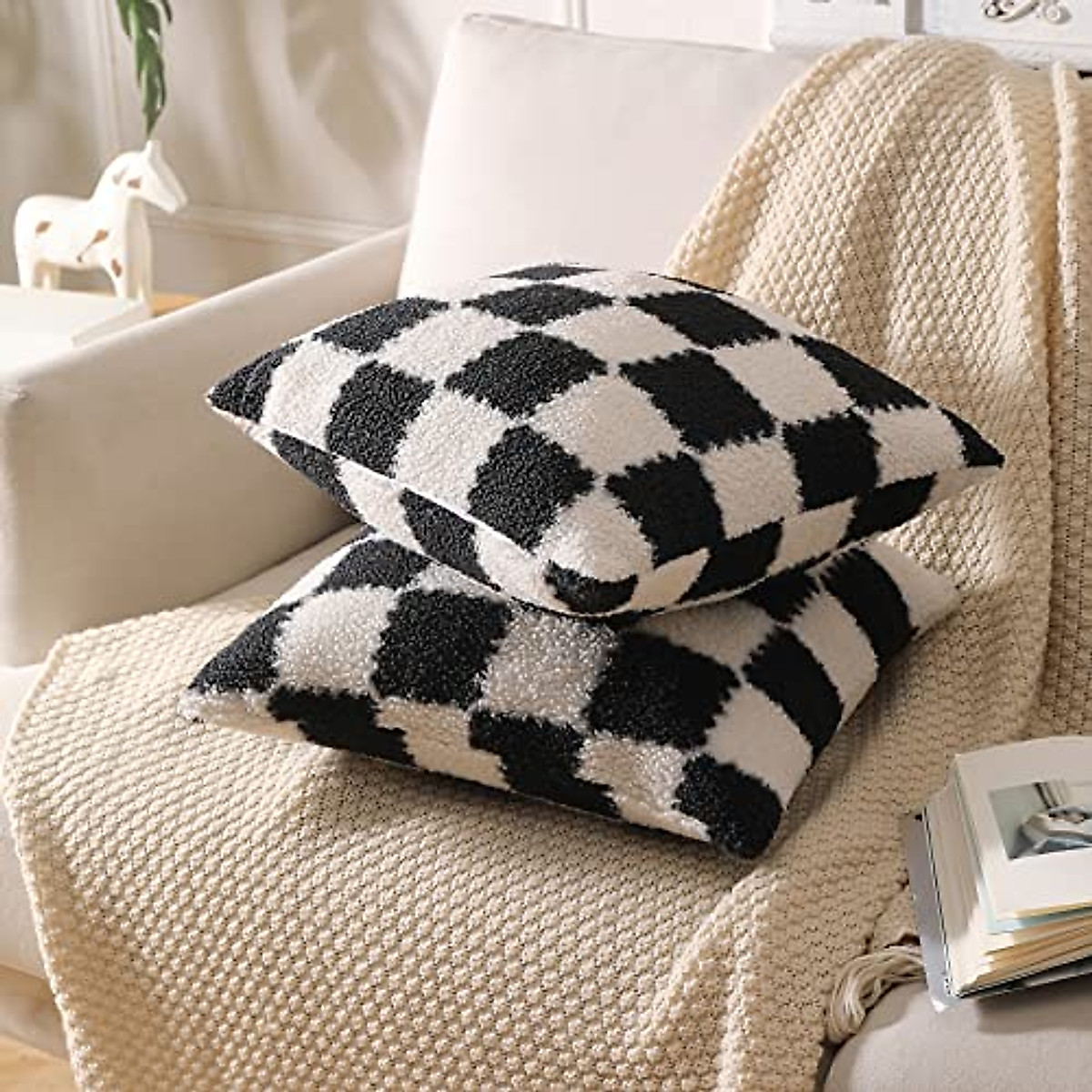 Fluffy Cesthetic Throw Pillow Covers Pack of 2 Cute Decorative Pillows Checkerboard Pattern Cushion Case Super Soft Faux Fur Wool Pillowcases for Couch Bedroom 16"*16" Black and White