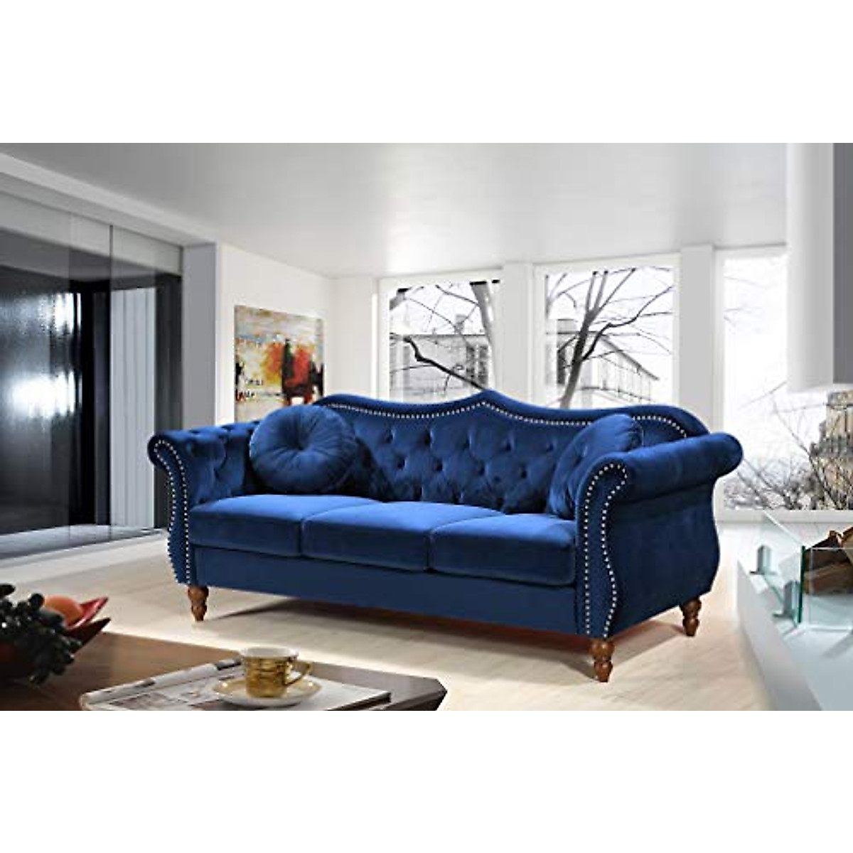 Container Furniture Direct Anna1 Velvet Upholstered Classic Nailhead Chesterfield Living Room, Sofa & Loveseat, Blue Mist