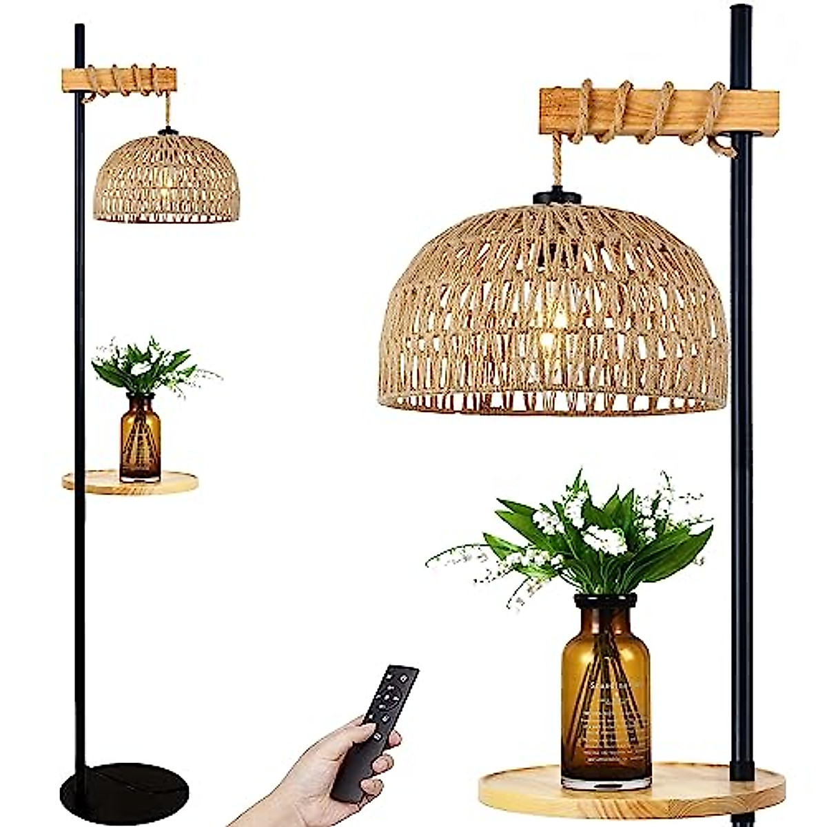 QIYIZM Floor Lamp with Table and Shelves for Living Room Bedroom Rattan Shelf Floor Lamps with Remote Boho Dimmable Standing Lamp Wicker Bamboo Wood Farmhouse Black Tall Lamp Rustic Floor Light