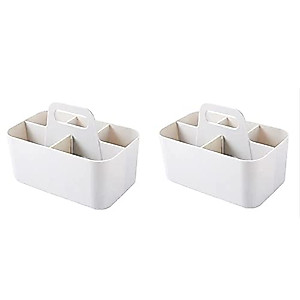 (2 Pack) Feadily Plastic Shower Caddy Portable, Portable Basket with Handle Storage Organizer, Stackable 5 Compartments, 9.76" x 6" x 6.7", White
