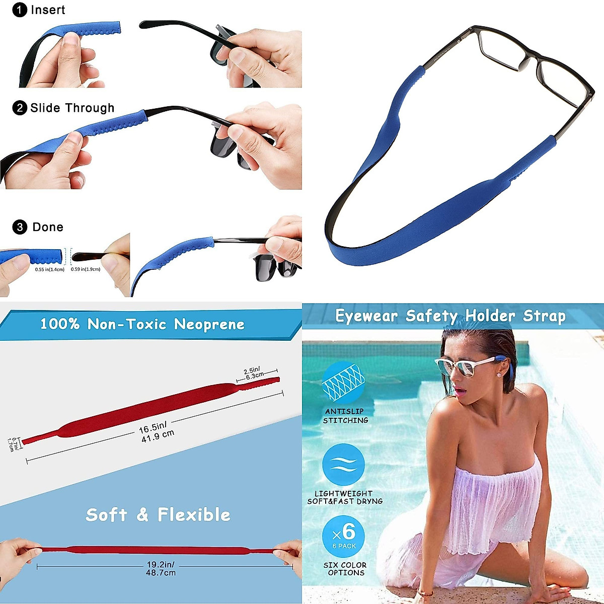 6 Pack Neoprene Glasses Straps Floating Sunglasses Eyeglass Strap Anti Slip Sports Safety Eyewear Retainer Holder for Adults Summer Water Sports Fishing Biking Hiking Rock Climbing Outdoor Adventures