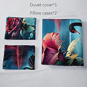 AILONEN Swan Duvet Cover Set, Queen Size, Black Swan Bedding Set for Gilrs Women Lover,Swan Lake with Red Rose Comforter Cover,Moon and Starry Night Duvet Cover,3 Pieces,1 Quilt Cover + 2 Pillowcase