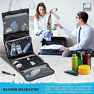 Lewis N. Clark Hanging Toiletry Bag for Travel Accessories, Shampoo, Cosmetics + Personal Items with Waterproof Compartment and Folding Design,Black