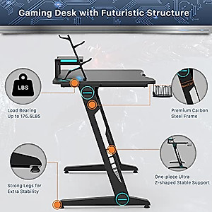 JOY worker RGB Gaming Desk 47 Inch with Led Lights, Music Sync Computer Gamer Desk, Carbon Fiber Surface PC Gaming Desk with Monitor Stand, Ergonomic Z Shaped Gaming Table with Plug Board Holder,Black