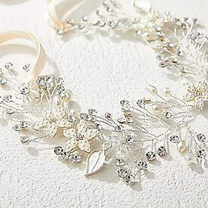 SWEETV Flower Girl Headpiece Silver Princess Wedding Headband -Baby Girls Flower Pearl Hair Accessories for Birthday Party, Photography