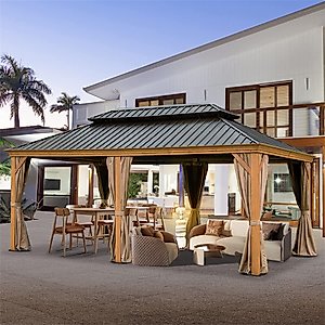12'x20' Hardtop Gazebo Outdoor Aluminum Wood Grain Gazebos with Galvanized Steel Double Canopy for Patios Deck Backyard,Curtains&Netting (Wood-Looking)