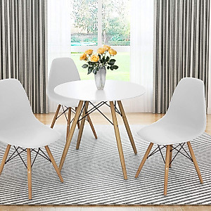 GOFLAME DSW Dining Chairs, Shell Plastic Chairs with Wood Legs, Modern Style Armless Chairs for Living Room Kitchen Bedroom, Eiffel DSW Style Side Chairs with Ergonomic Backrest Set of 2, White