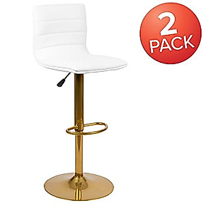 Flash Furniture Vincent Modern White Vinyl Adjustable Bar Stool with Back, Counter Height Swivel Stool with Gold Pedestal Base, Set of 2