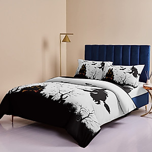 Chucoco Queen Duvet Covers Set Halloween Black Witch Broom 4 Pcs Bedding Sets Brushed Microfiber Quilt Covers Lightweight Cozy Flat Sheet with 2 Pillowcases Haunted House Graveyard Bats