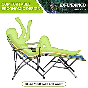 FUNDANGO Folding Camping Lounge Chair with Footrest, Ergonomic Reclining Outdoor Chaise Foldable in Bag with Cup Holder Armrest for Park, Garden, Indoor, Beach, Patio, Lawn, Blue/Green