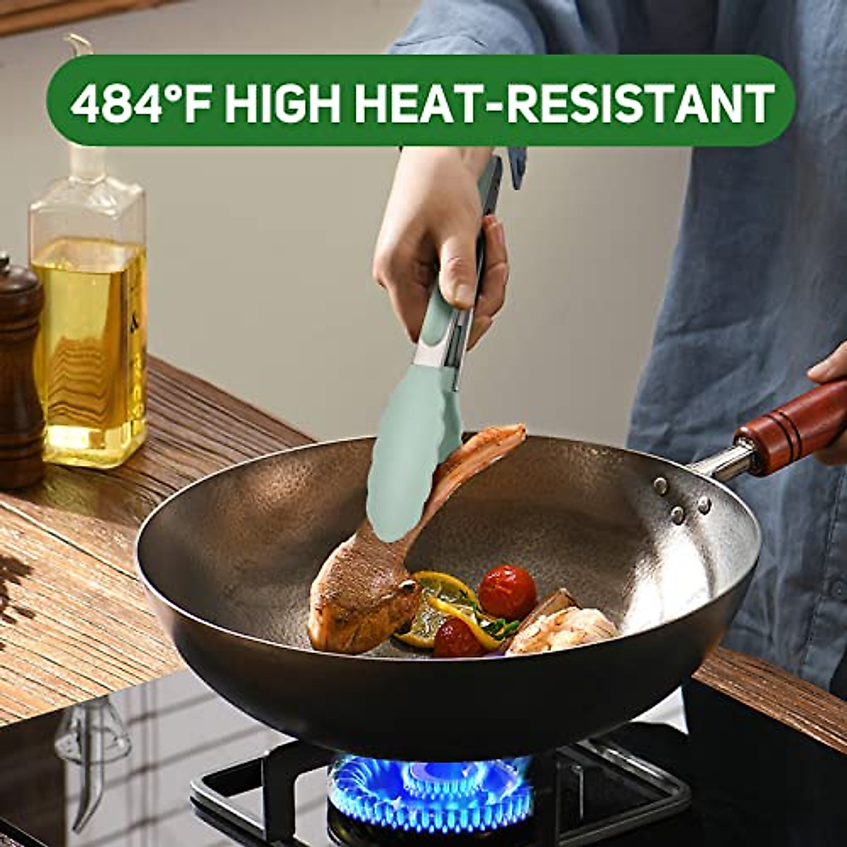 EEKEDO Kitchen Tongs, Stainless Steel Silicone Tongs for Cooking 600ºF High Heat-Resistant BBQ Grilling Locking Tongs, Set of 2-9" and 12" Light Green