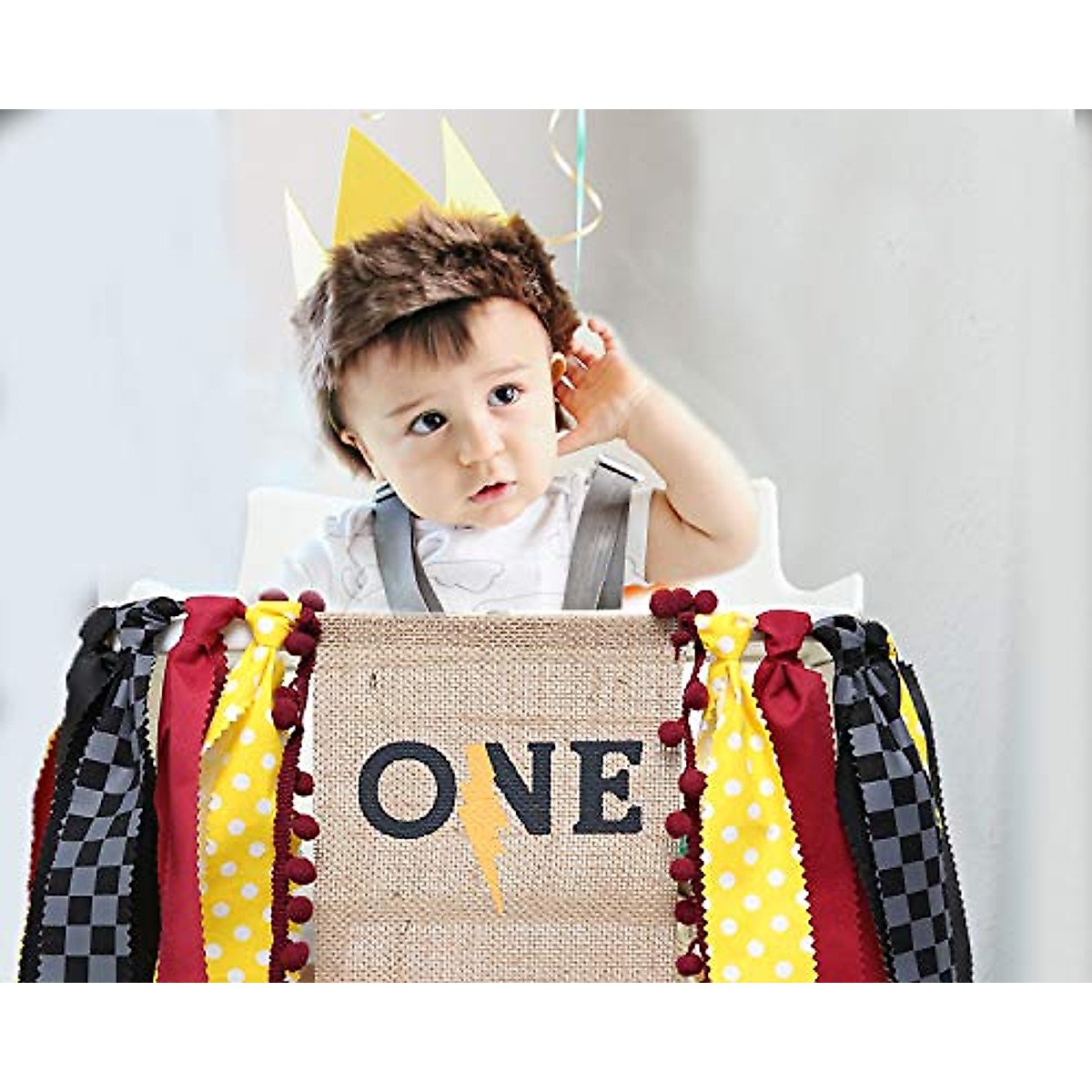 WAOUH Lightning Banner For 1st Birthday - High Chair Banner For First Birthday Decorations, Rag Tie Fabric Garland, Photo Booth Props, Birthday Souvenir And Gifts(Yellow Red And Black)