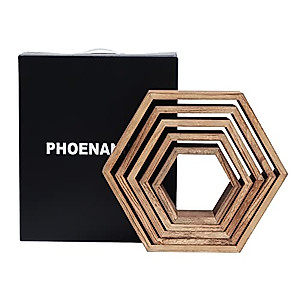 Hexagon Floating Shelves,Wall Mounted Wood Farmhouse Storage Honeycomb Wall Shelf Set of 5,for Bathroom, Kitchen, Bedroom, Living Room,Office,Home Room Wall Decor Driftwood Finish (Carbonized Black)